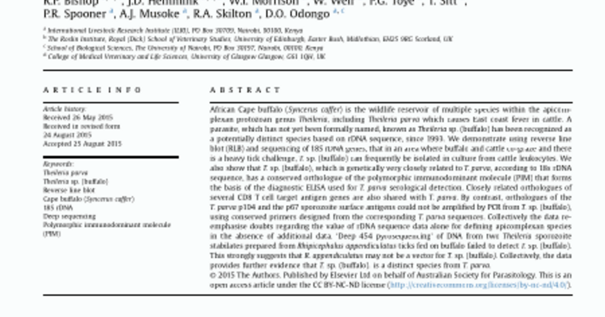 The African buffalo parasite Theileria. sp. (buffalo) can infect and ...