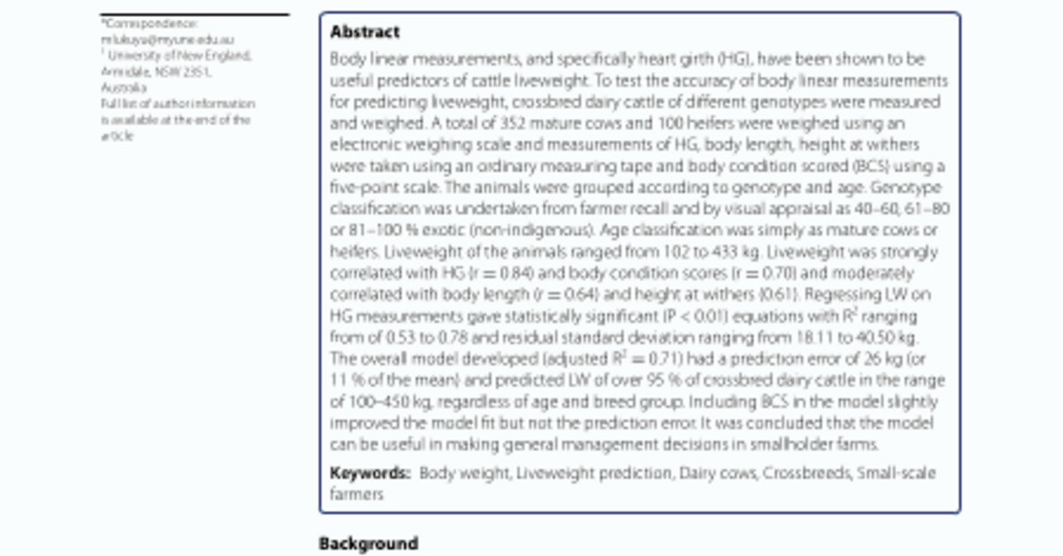 Use of body linear measurements to estimate liveweight of crossbred dairy cattle in smallholder ...