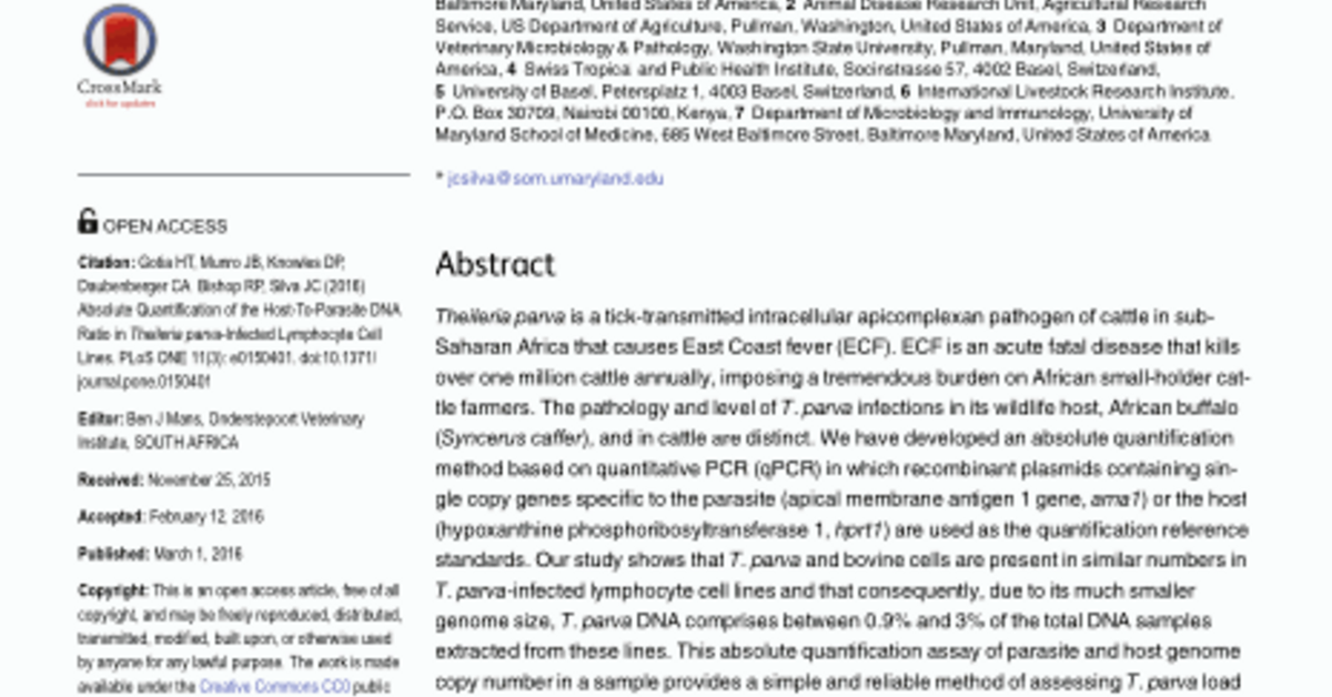 Absolute Quantification of the Host-To-Parasite DNA Ratio in Theileria ...