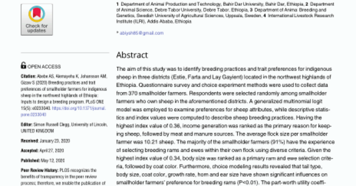 Breeding practices and trait preferences of smallholder farmers for indigenous sheep in the ...