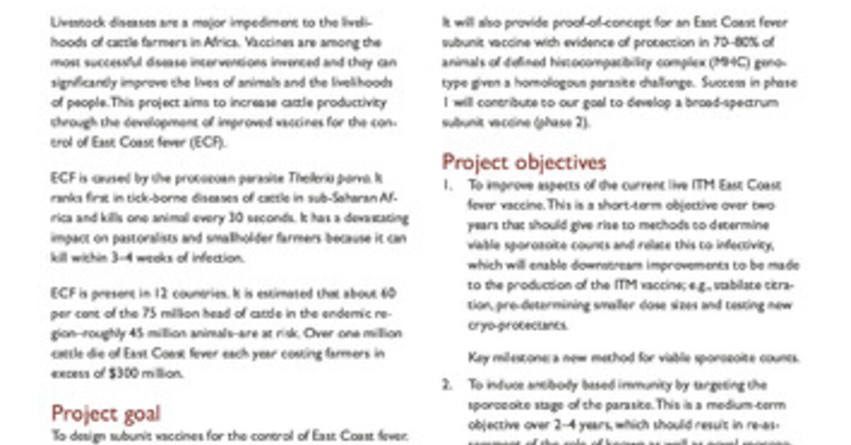 Improved vaccines for the control of East Coast fever in cattle in Africa