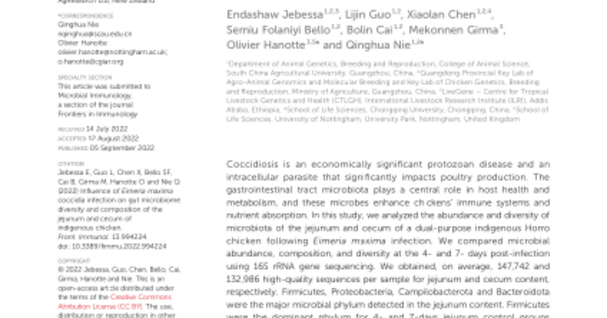 Influence of Eimeria maxima coccidia infection on gut microbiome ...